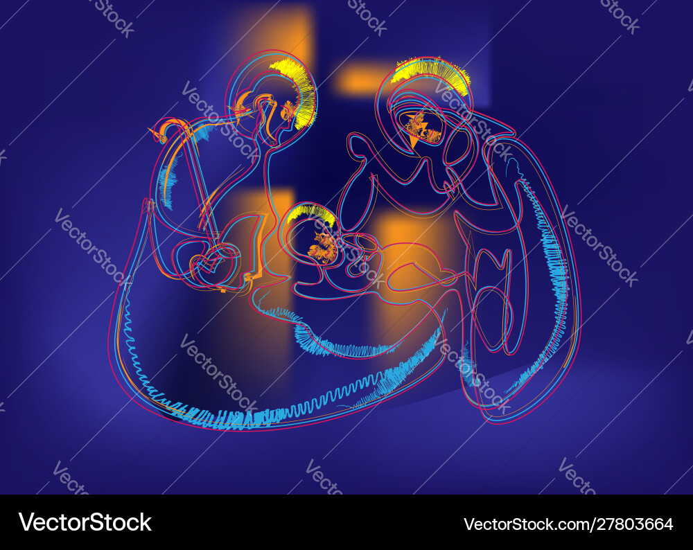 Christmas nativity scene colorful line drawing Vector Image