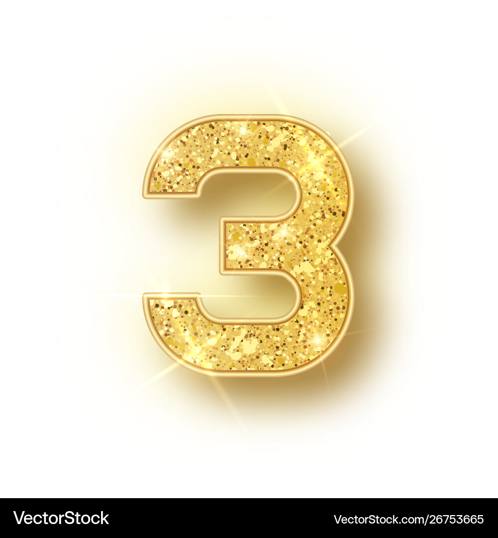 Gold glitter alphabet numbers 3 with shadow Vector Image