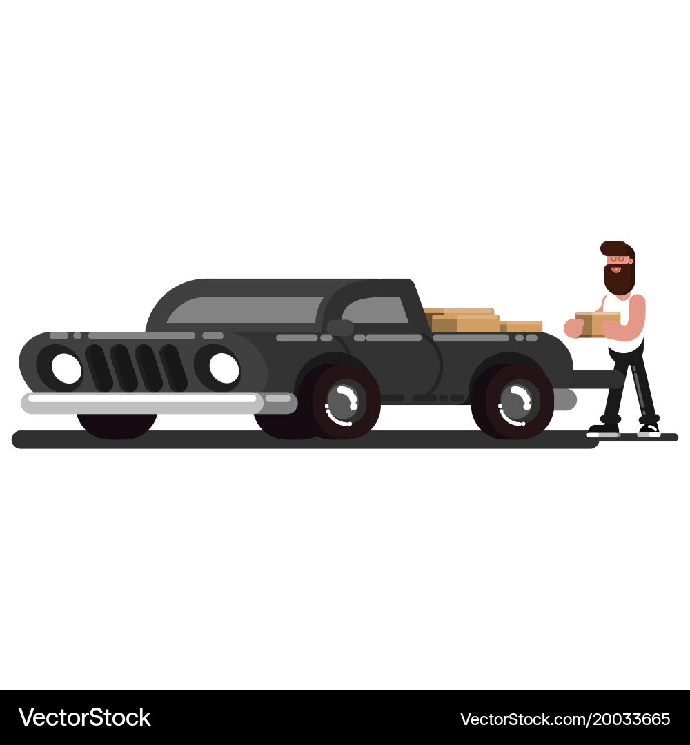 Man loads boxes into the pick up truck Royalty Free Vector