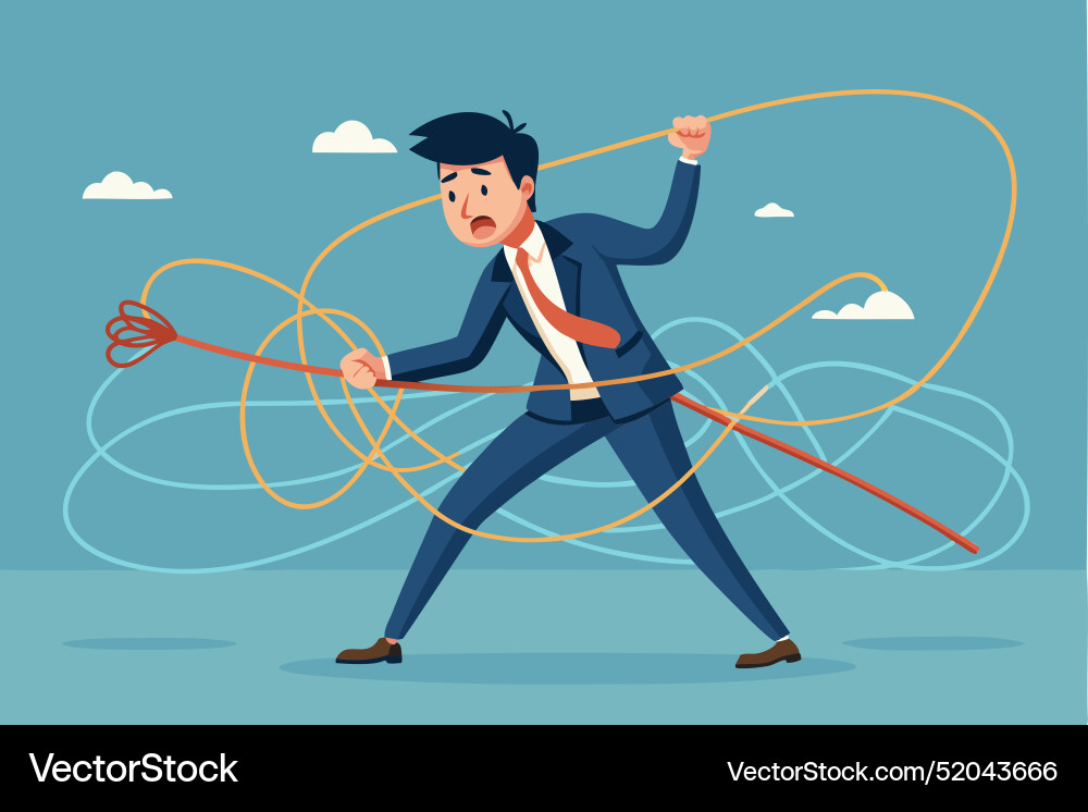 Businessman tangled in chaotic ropes Royalty Free Vector