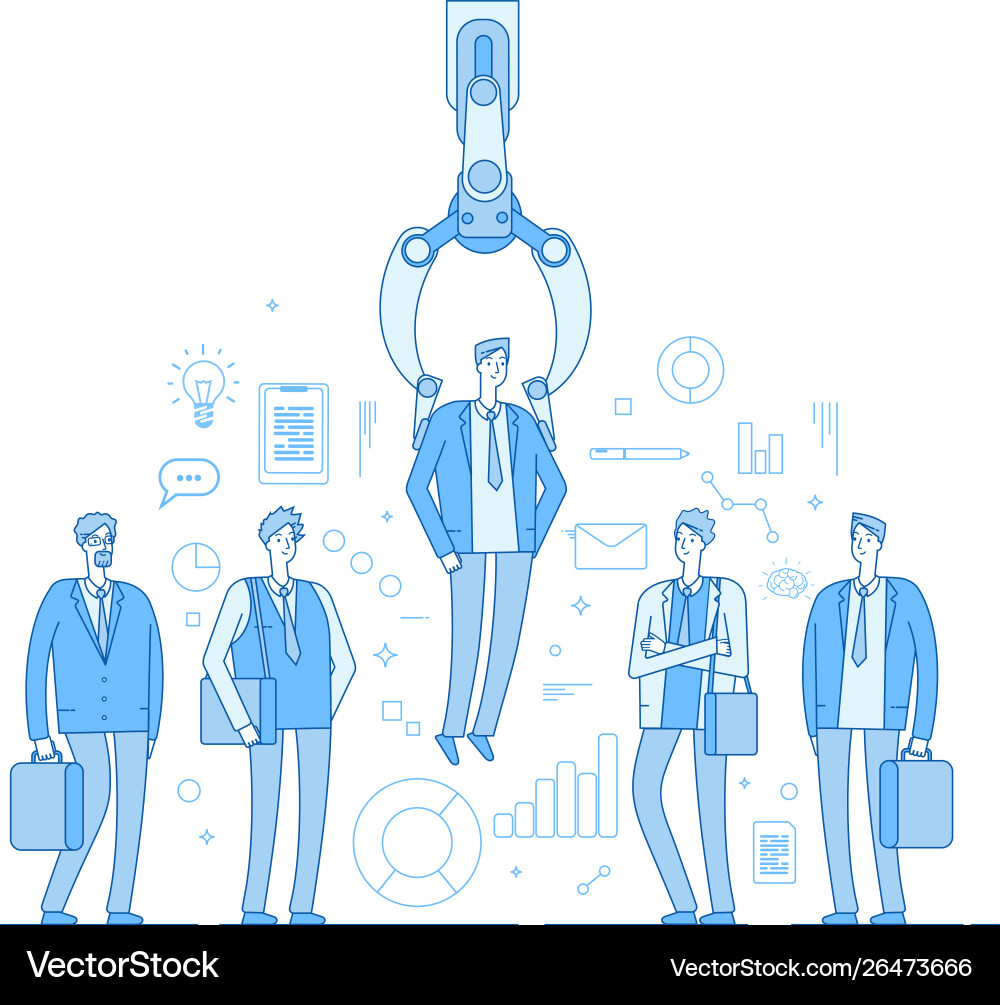 Robot recruiter industrial claw choosing man from Vector Image