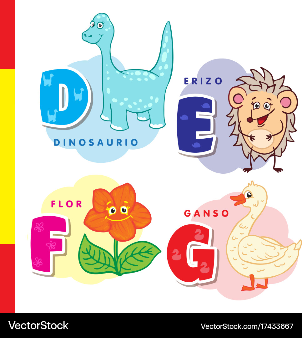 Spanish alphabet dinosaur hedgehog flower Vector Image