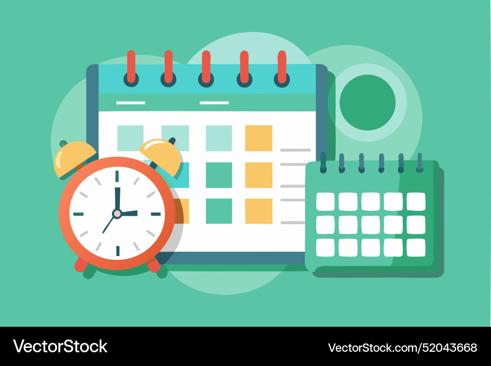 Calendar and alarm clock on green background Vector Image