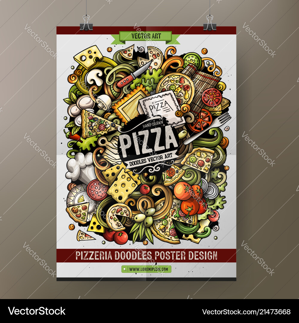 Cartoon hand drawn doodles pizza poster template Vector Image