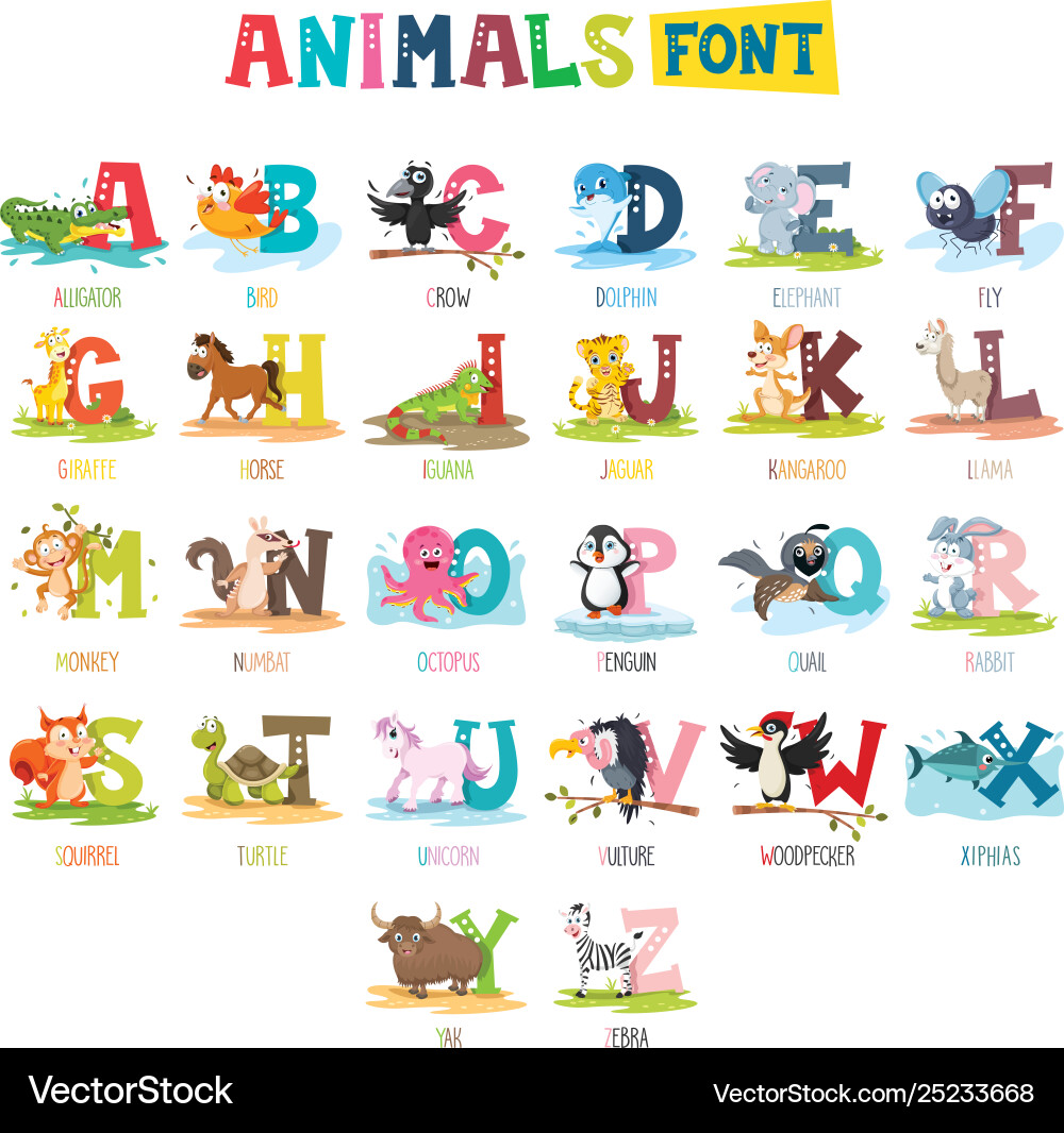 Cute Animal Alphabet Font Set Royalty Free Vector Image