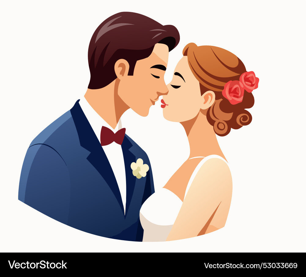 Bride and groom sharing their first kiss Vector Image