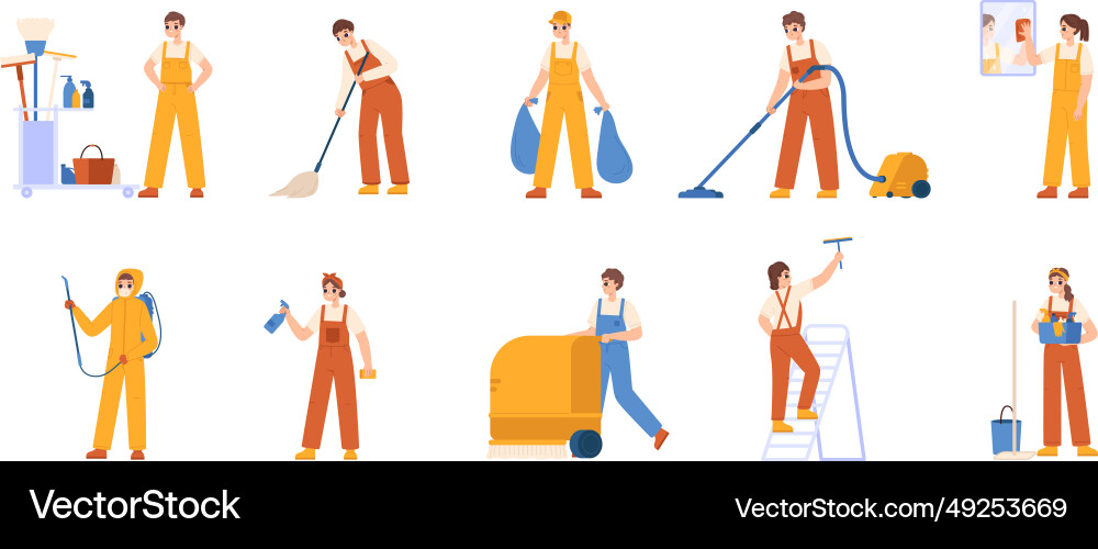 Young cleaner workers washing and disinfection Vector Image
