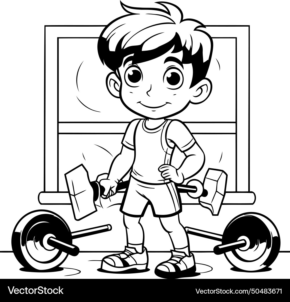 Boy doing gym exercise - black and white cartoon Vector Image