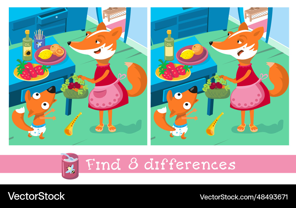 Find 8 hidden differences educational game Vector Image
