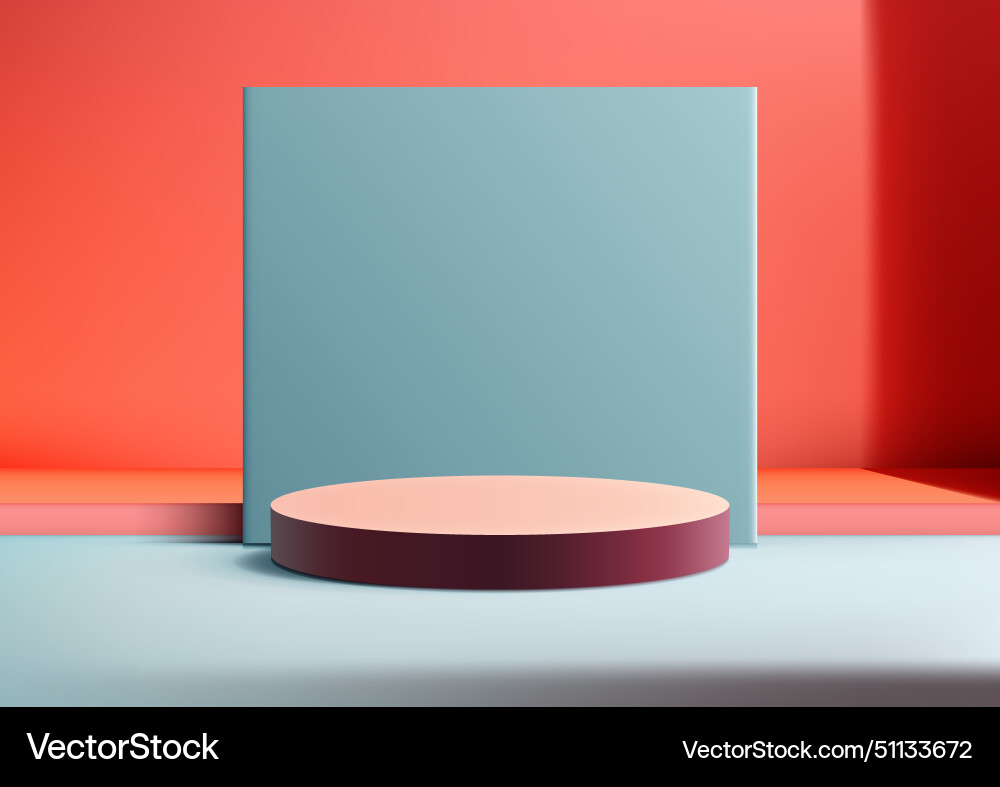 3d realistic red color podium with blue square Vector Image