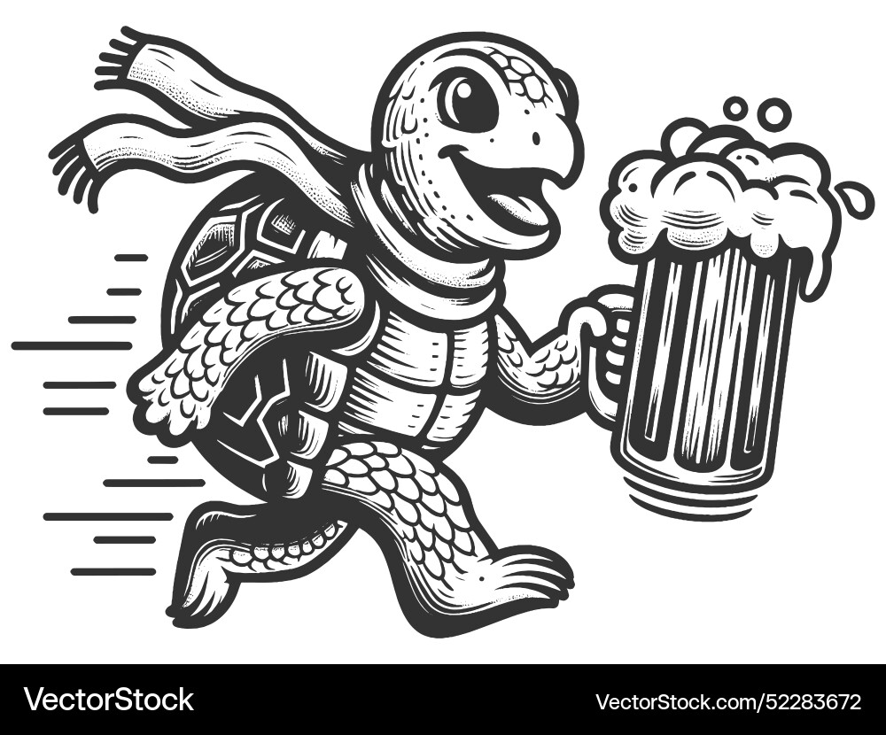 Running turtle with beer mug engraving Royalty Free Vector