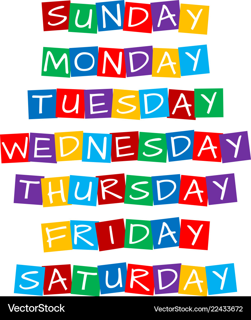 Weekday names set text in colorful rotated squares