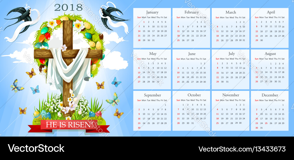 Calendar easter crucifix and paschal eggs Vector Image