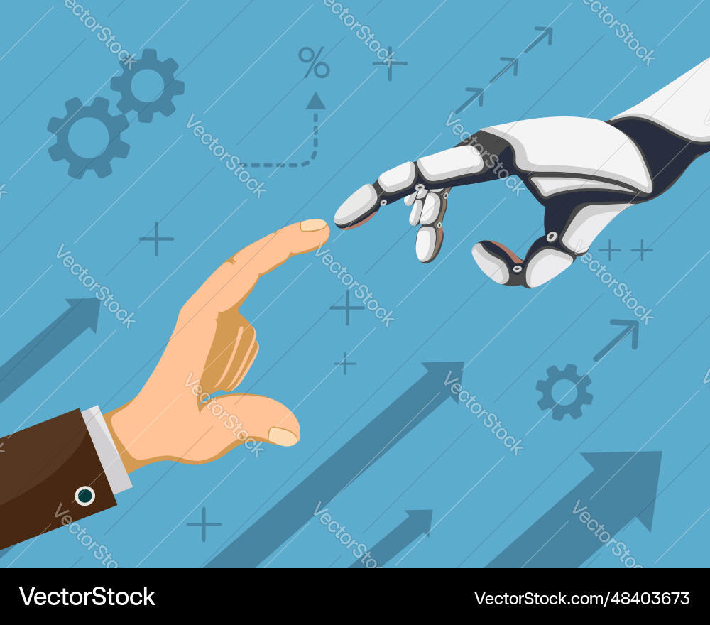 Robot and human hands touch with fingers Vector Image