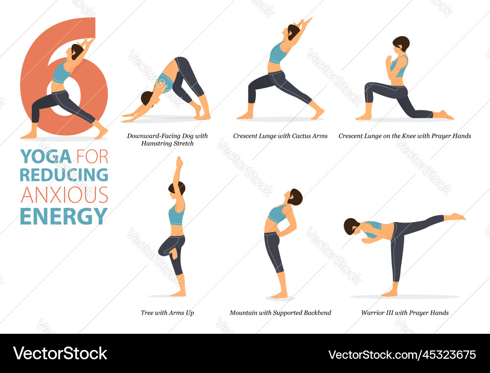 6 yoga poses exercise for anxious energy concept Vector Image