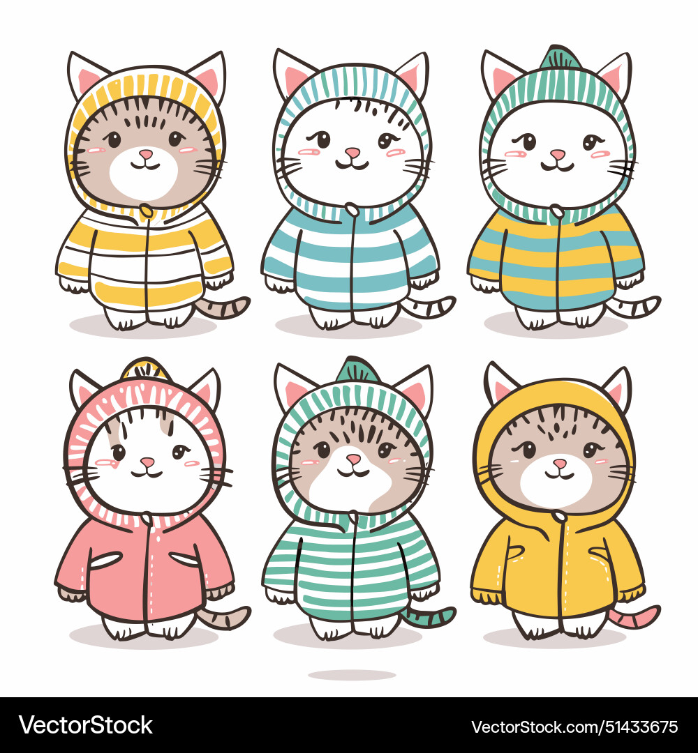 Cute cartoon cats dressed colorful jackets striped