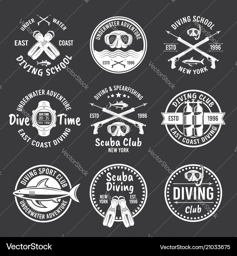 Diving spearfishing white labels on dark Vector Image