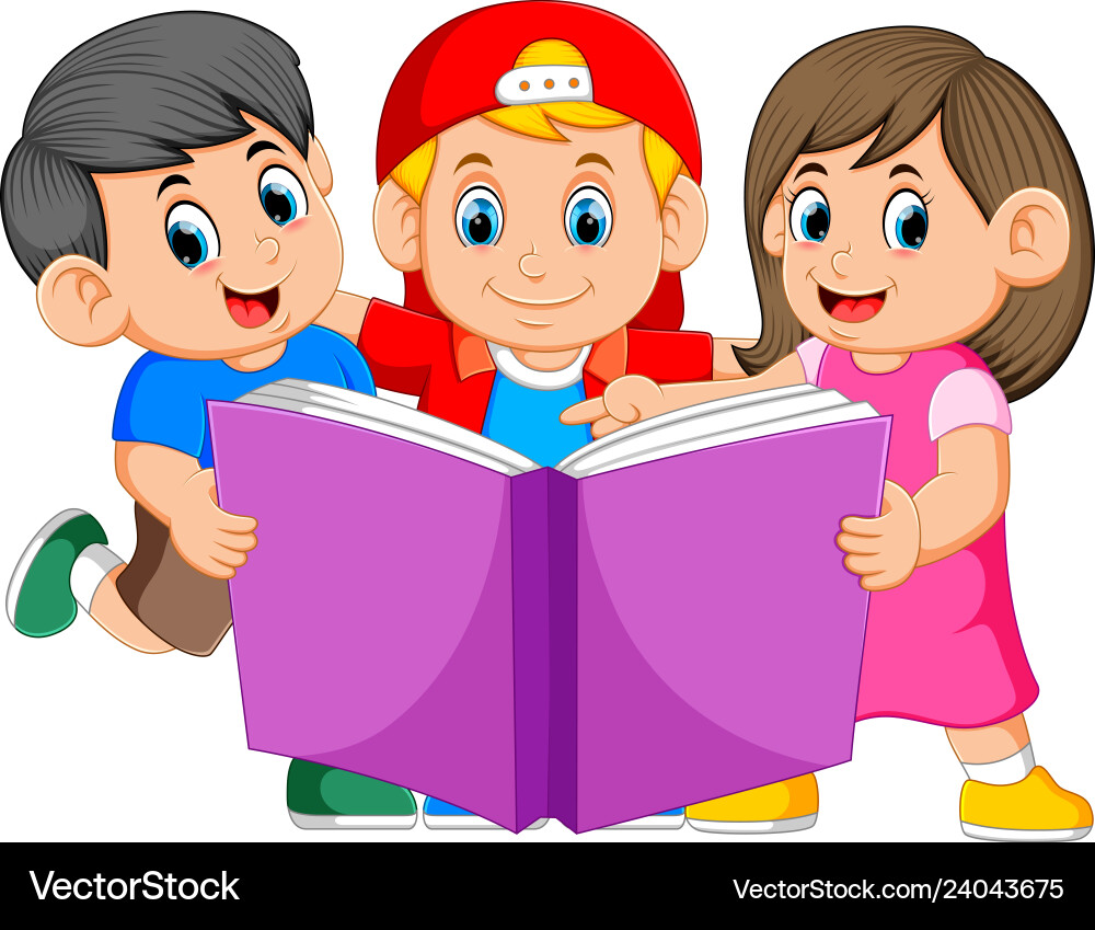 Kids reading big book Royalty Free Vector Image