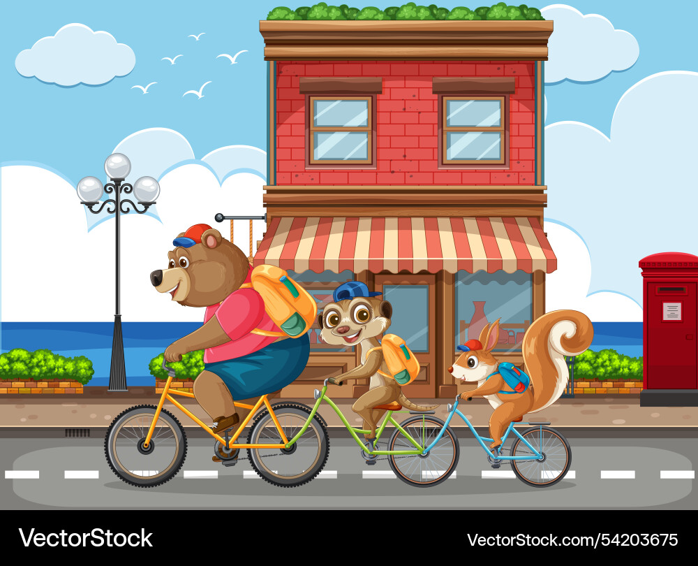 Three animals cycling along a seaside street Vector Image