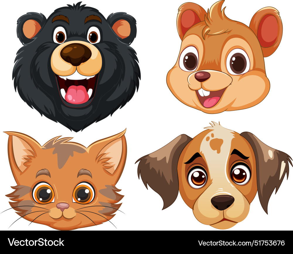 Adorable cartoon faces of bear chipmunk cat Vector Image