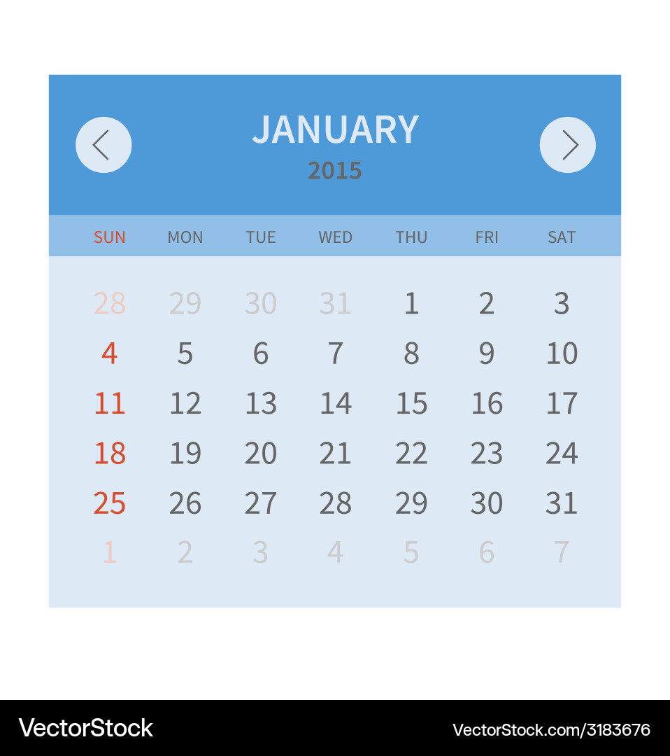 Calendar monthly january 2015 in flat design Vector Image