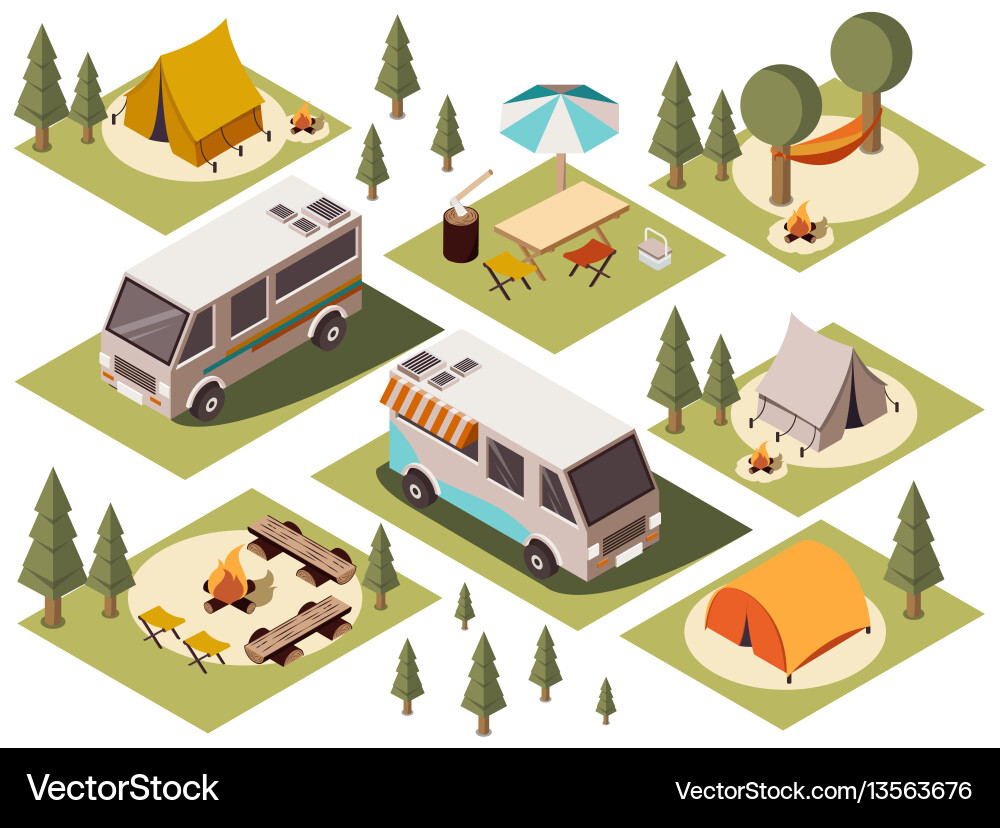 Camp elements isometric set Royalty Free Vector Image