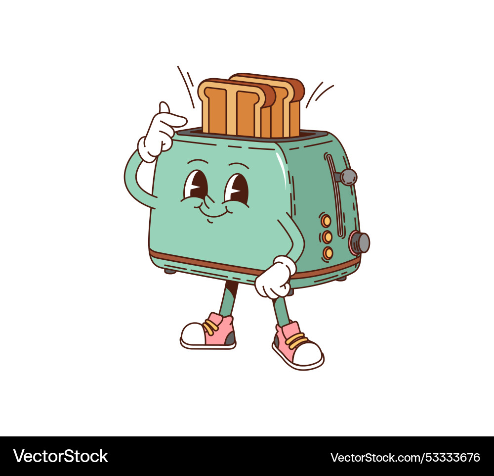 Cartoon toaster retro groovy breakfast character Vector Image