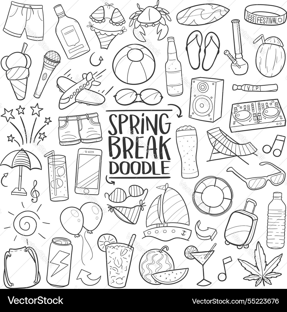 Spring break party doodle icons line art Vector Image