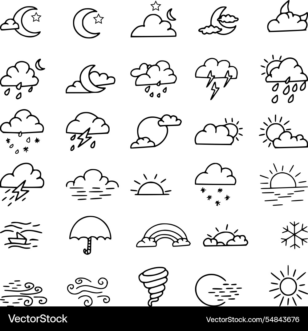 Weather cloud sun rain moon and star line art Vector Image