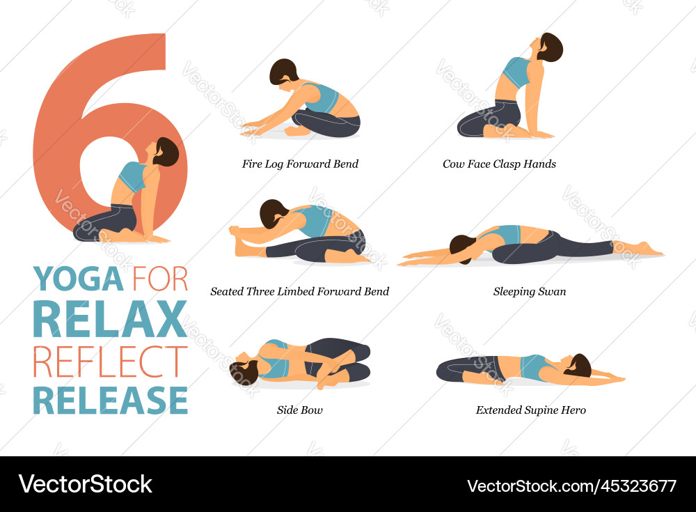 6 yoga poses exercise for relaxation concept Vector Image