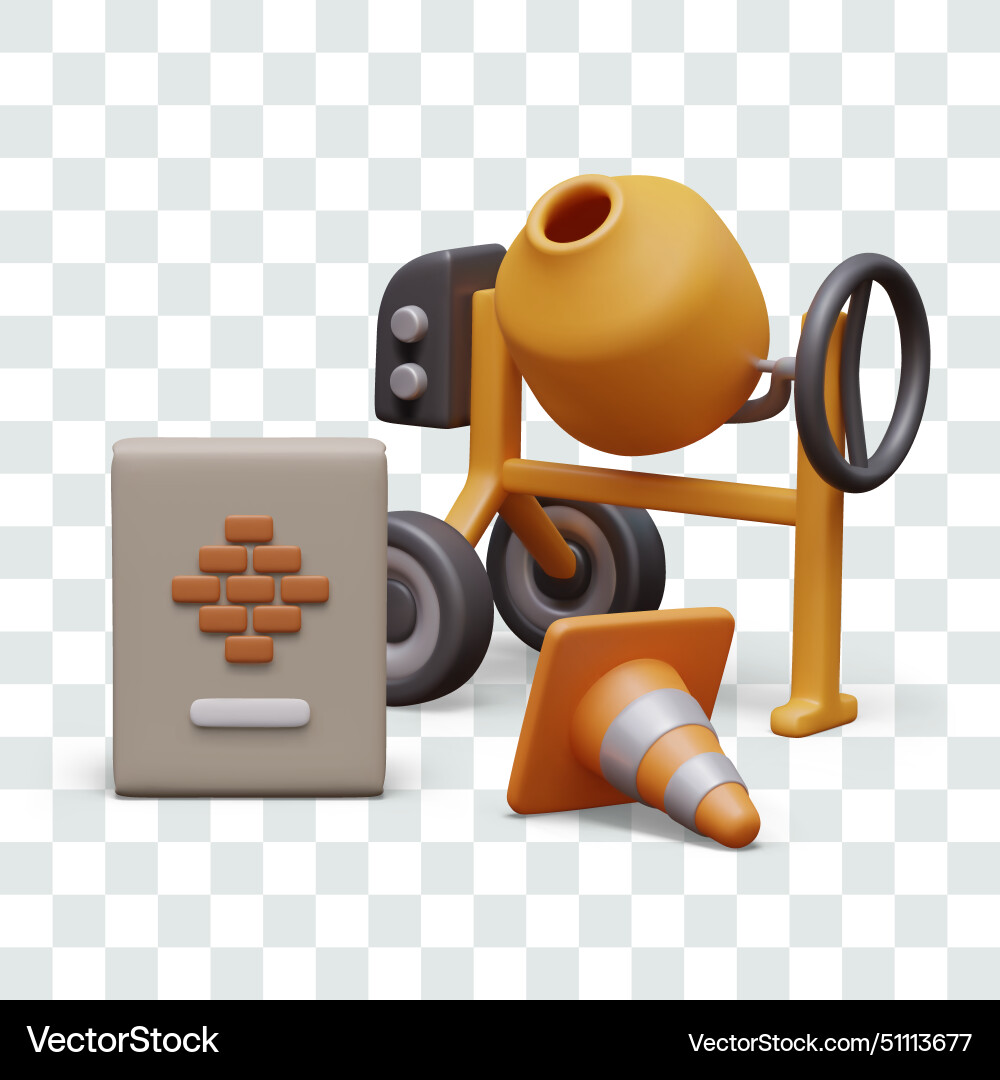 Realistic concrete mixer cement bag signal cone Vector Image