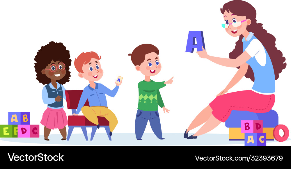 Cartoon kids playing children learn read through Vector Image
