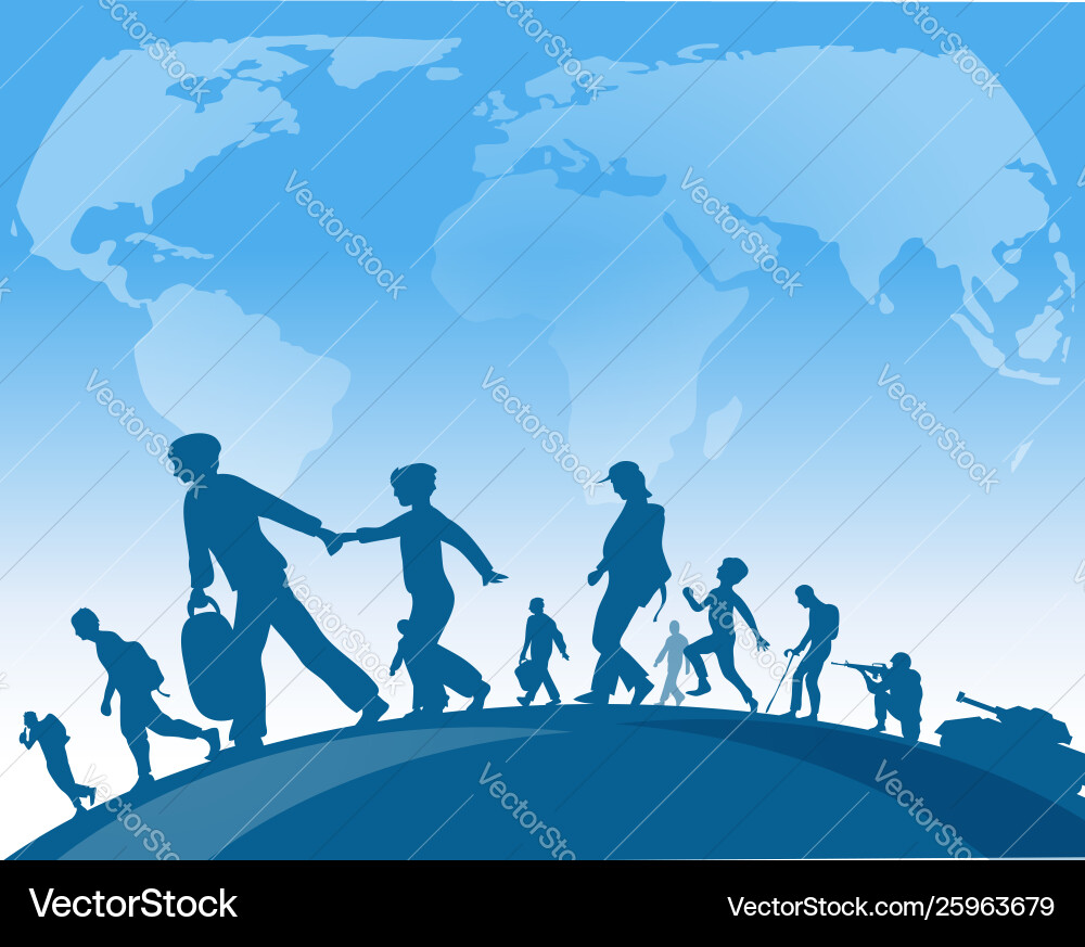 Immigration people walk under world map background