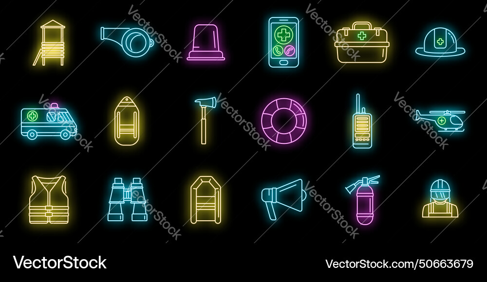 Rescuer icons set neon Royalty Free Vector Image