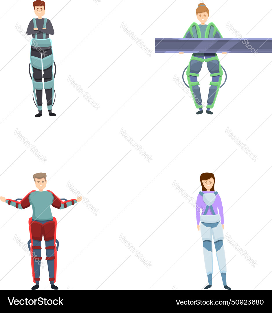 Exoskeleton icons set cartoon people Royalty Free Vector
