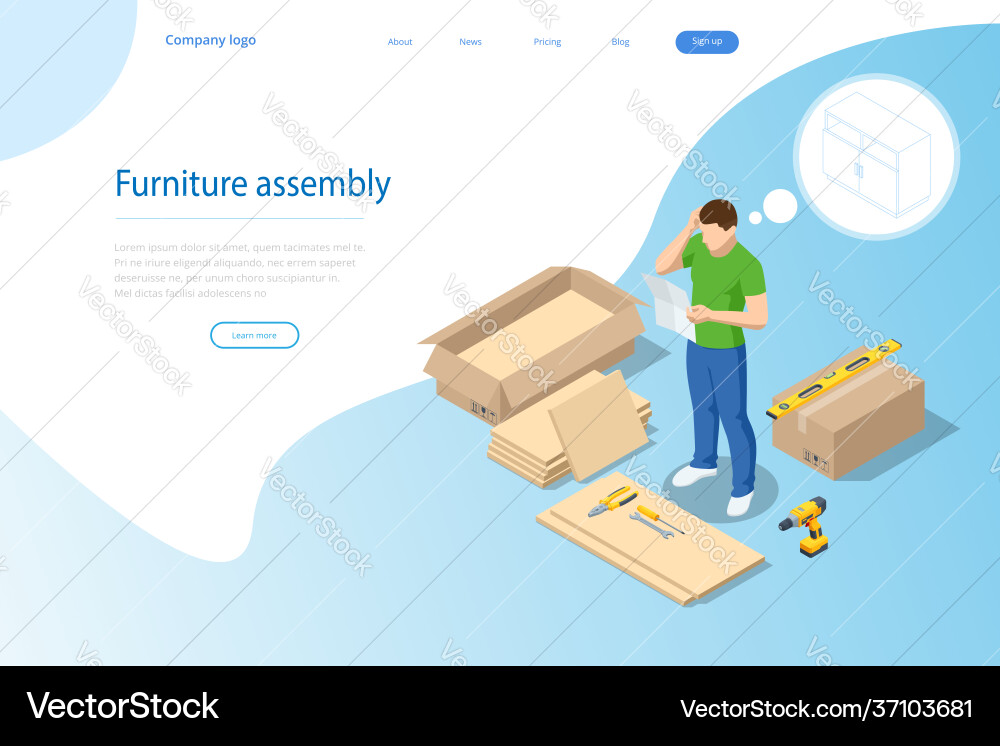 Isometric man does assembly furniture Royalty Free Vector