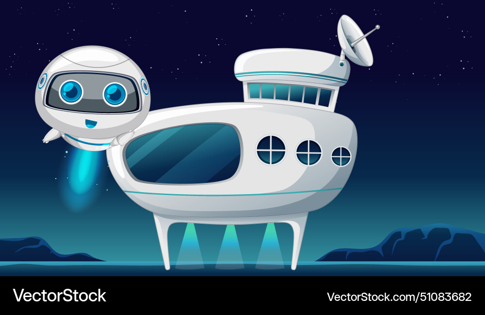 Cute robot beside a spaceship under starry sky Vector Image