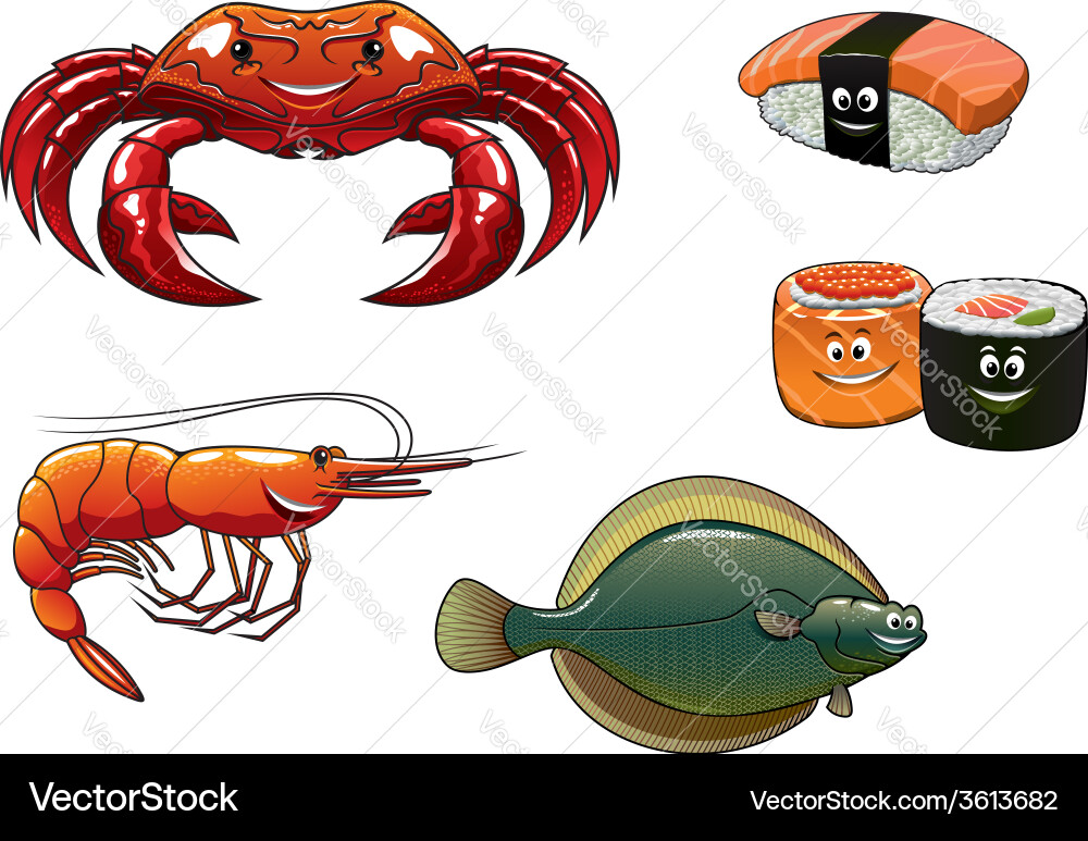 Seafood cartoon characters Royalty Free Vector Image