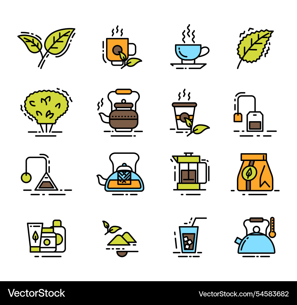 Tea sign color thin line icon set Royalty Free Vector Image