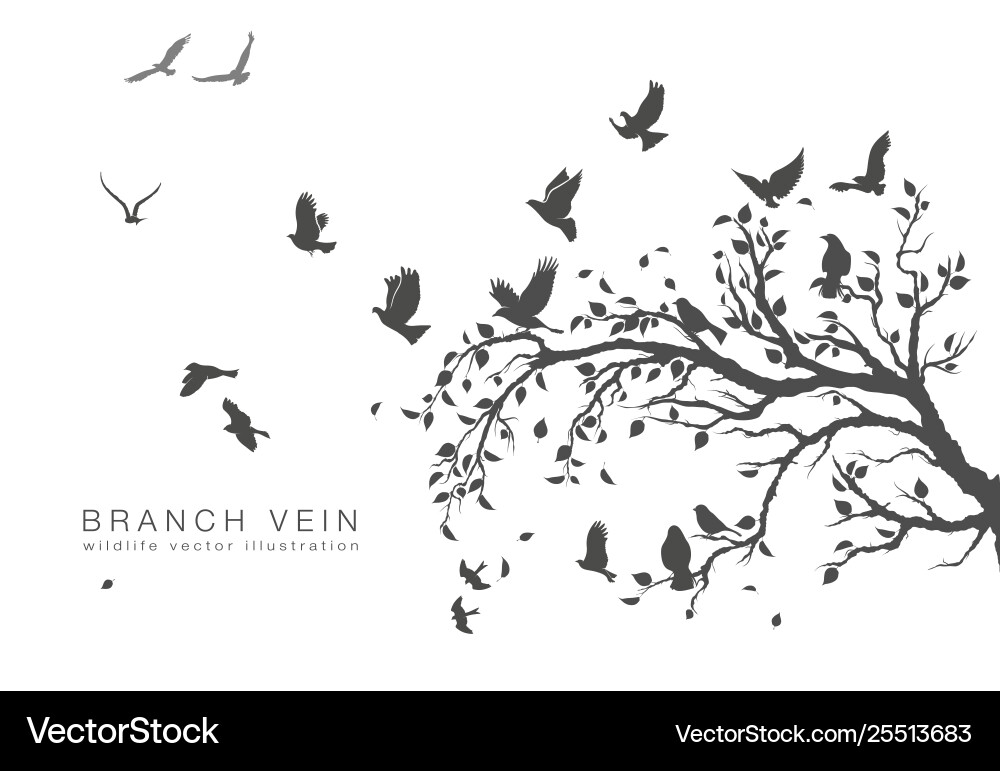 Figure flock flying birds on tree branch Vector Image