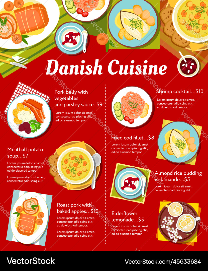 Danish cuisine restaurant meals menu design Vector Image