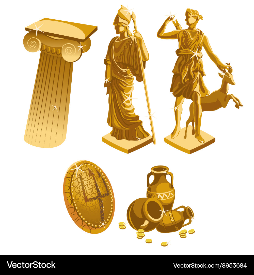 Greek golden statues column shield and jugs Vector Image