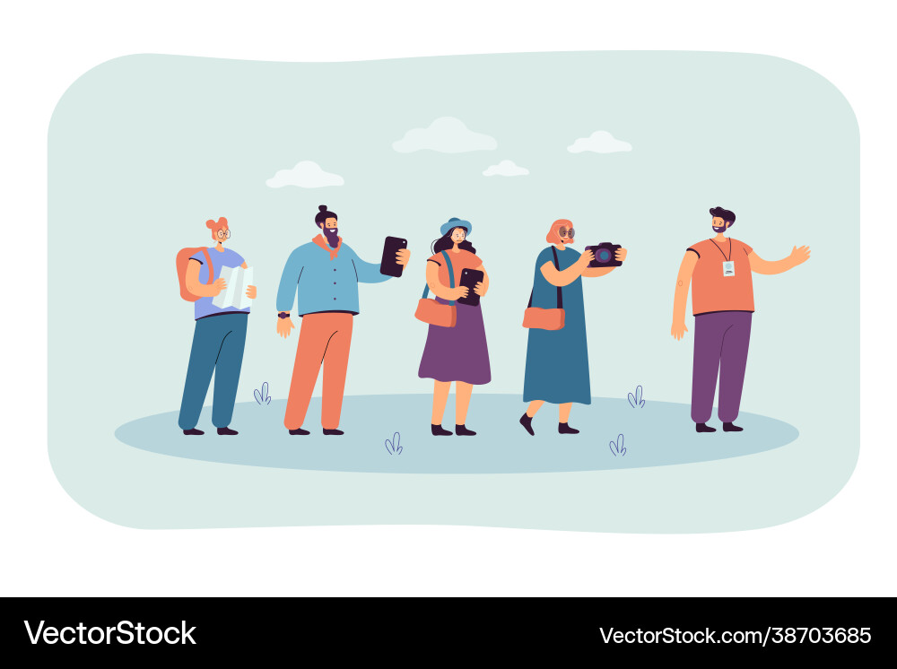 Group tourists following guide with gadgets Vector Image