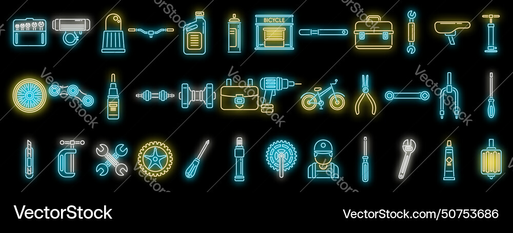Bicycle repair icons set neon Royalty Free Vector Image