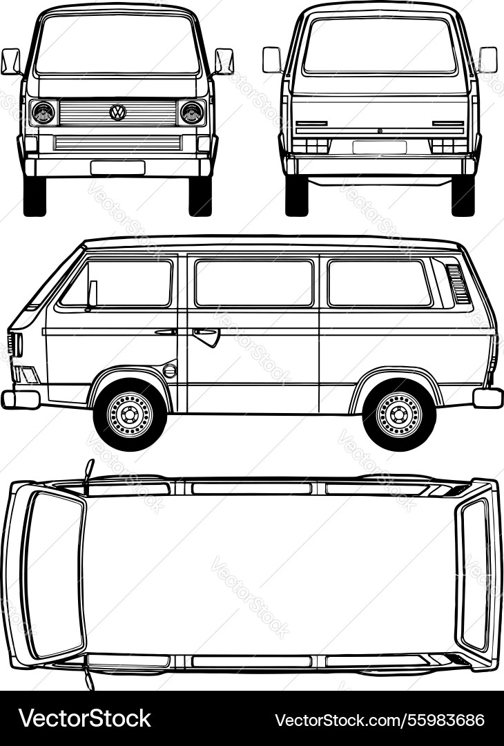 T3 1979 van bus - drawing 4 camera angles Vector Image