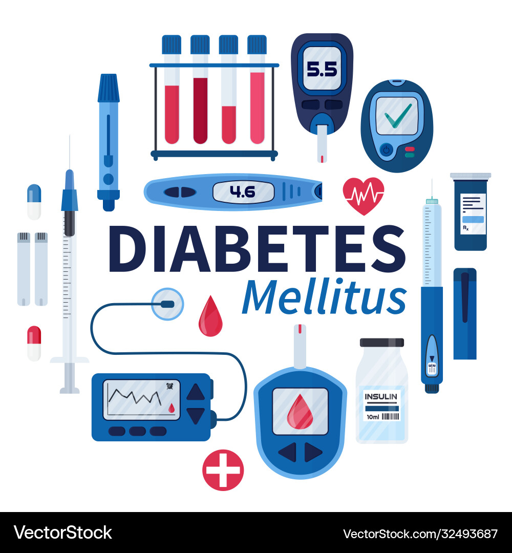Diabetes flat infographic elements set Royalty Free Vector