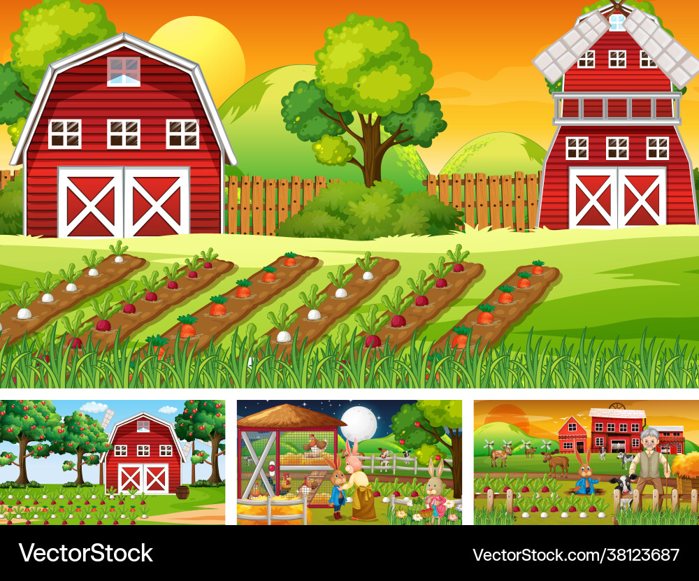 Four different farm scenes with animals Royalty Free Vector
