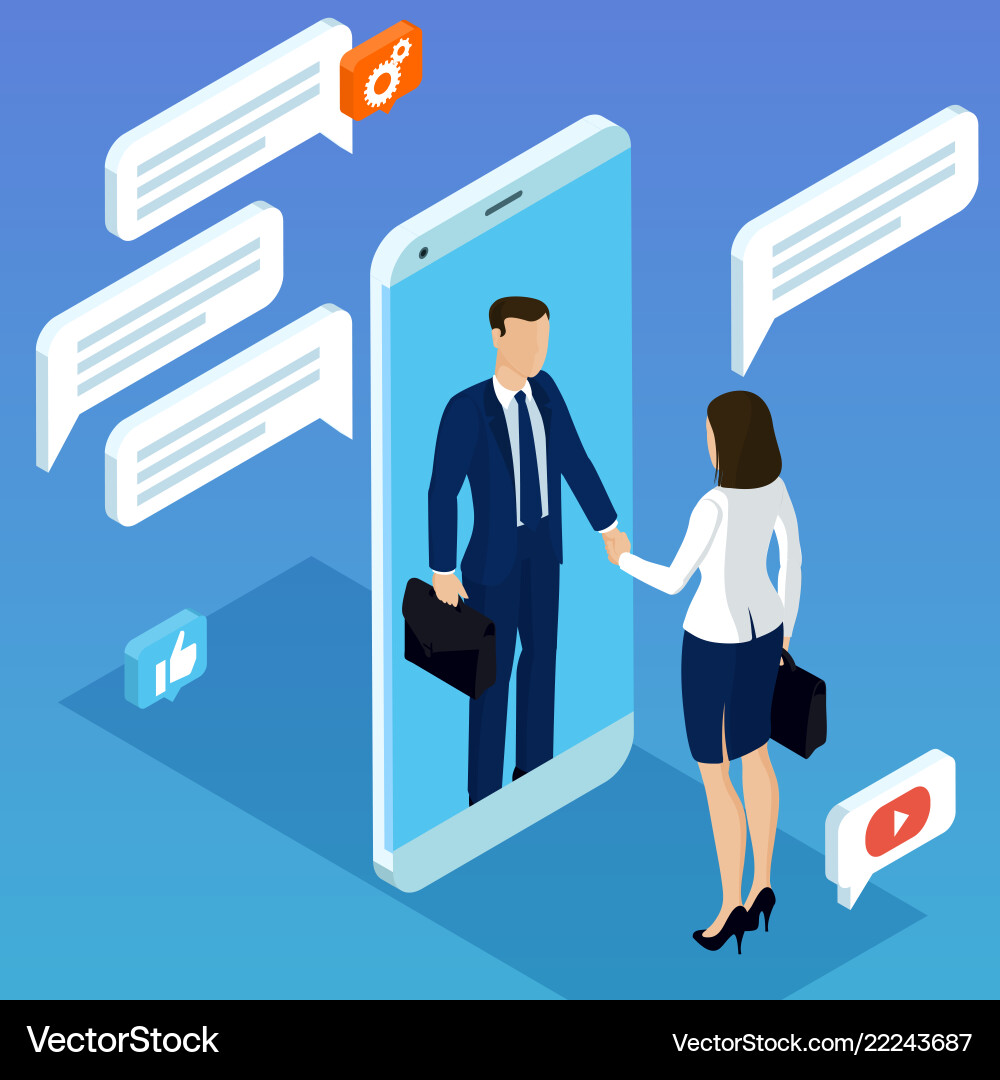 Hand shake through mobile screen Royalty Free Vector Image