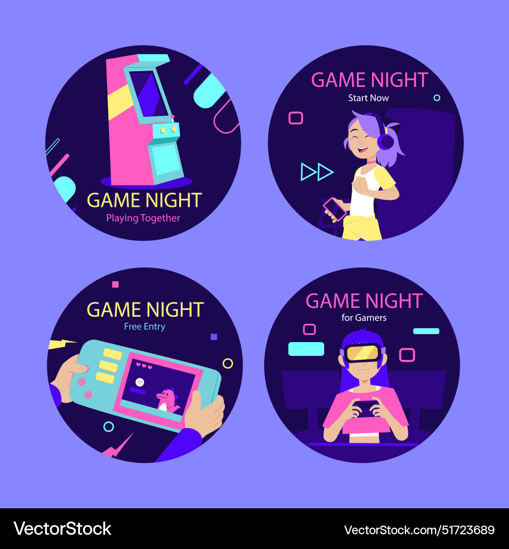 Game night icons font sleeve violet circle blue Vector Image