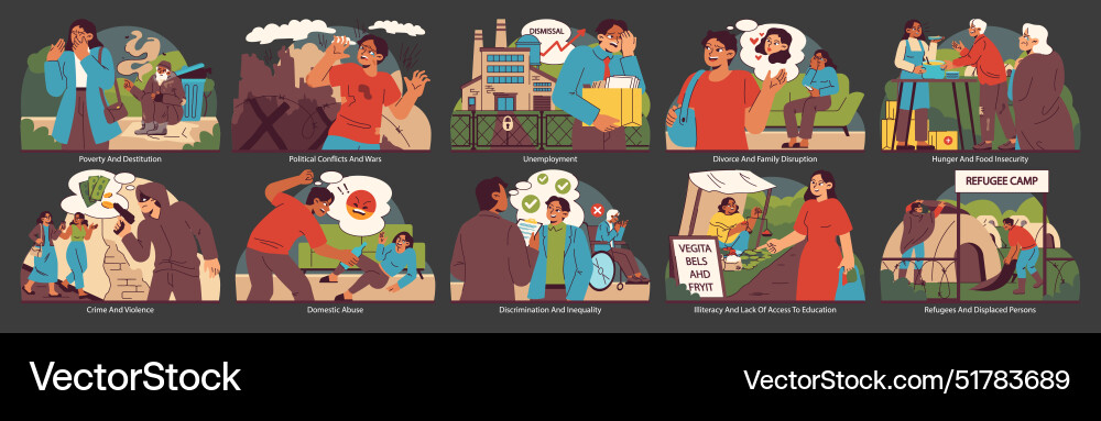 Social issues set flat Royalty Free Vector Image